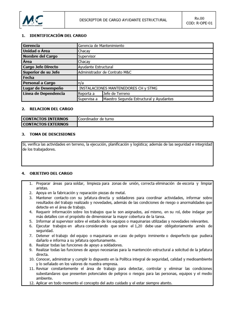 Descriptor de Cargo Ayudante Estructural | PDF | Seguridad y salud ocupacional