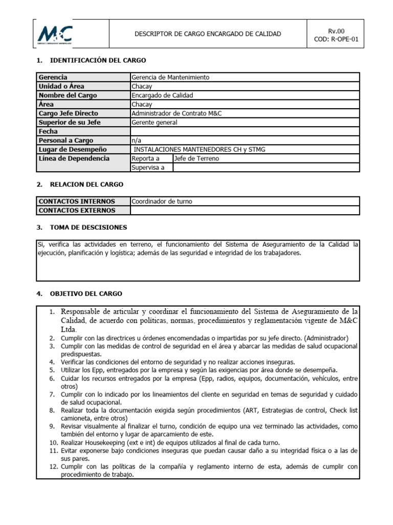 Descriptor de Cargo Encargado de Calidad | PDF | Logística