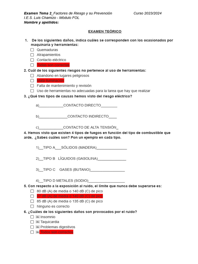 Examen Corregido Tema 2 PRL | PDF | Burnout ocupacional | Temperatura