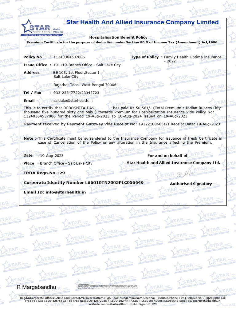 Star Health Insurance Premium Certificate | PDF | Insurance | Public ...