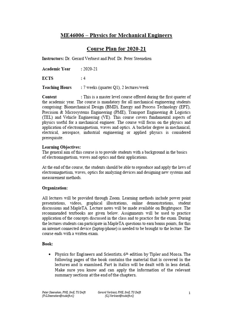 CoursePlan ME46006 2020-21 | PDF | Physics | Mechanical Engineering