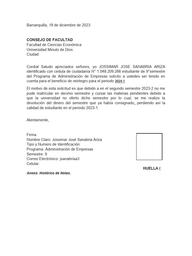 Solicitud Reintegro 2024-1 Uniminuto | PDF | Finanzas y dinero | Derecho