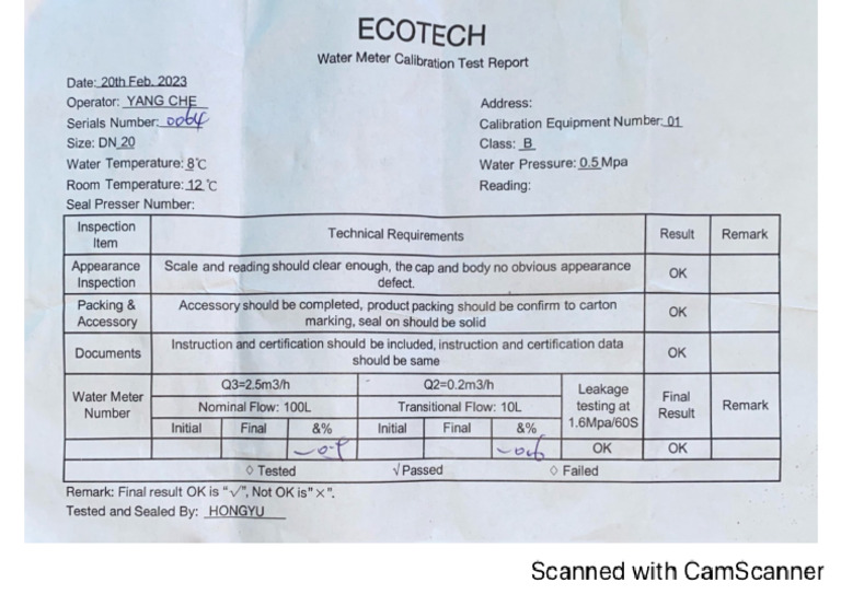 Kidsmile Mana Town Center - Water Meter Calibration Report | PDF