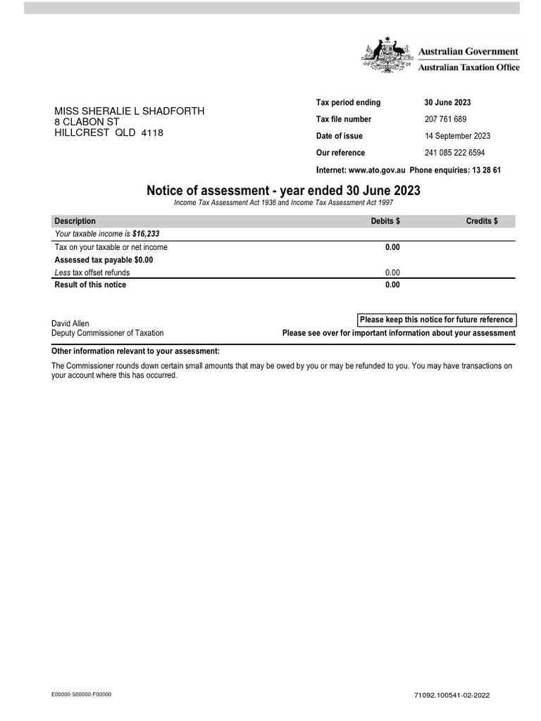 Notice of Assessment - Year Ended 30 June 2023: Miss Sheralie L ...