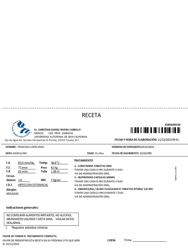 Receta médica para infección estomacal | PDF | Salud y bienestar