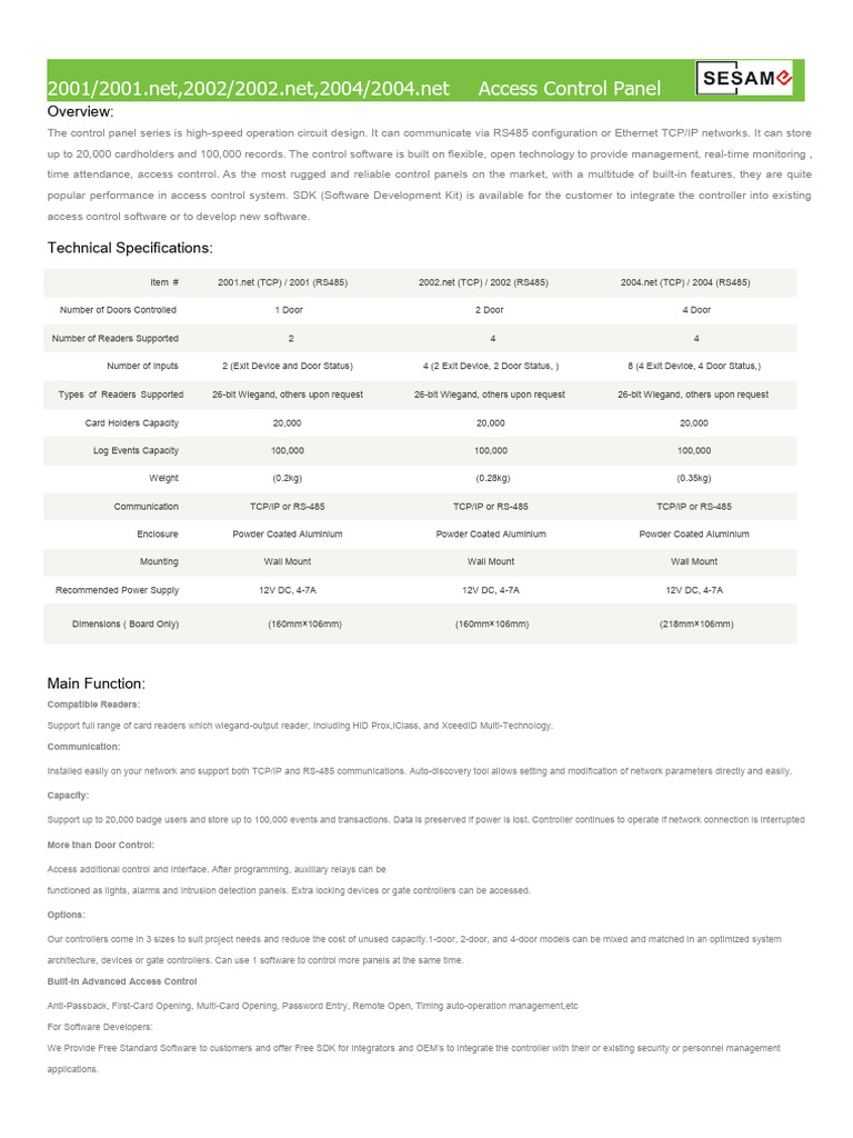 Access Control Panel Catalog - SESAME | PDF | Access Control | Computing