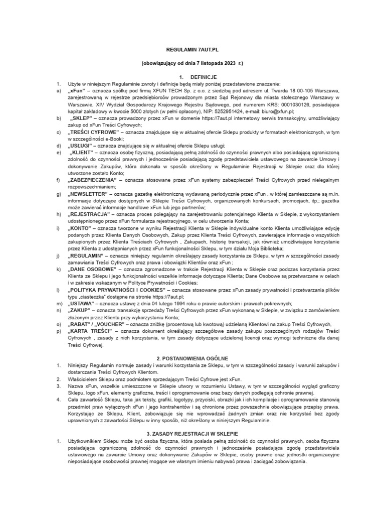 7AUT Regulamin Sklepu | PDF