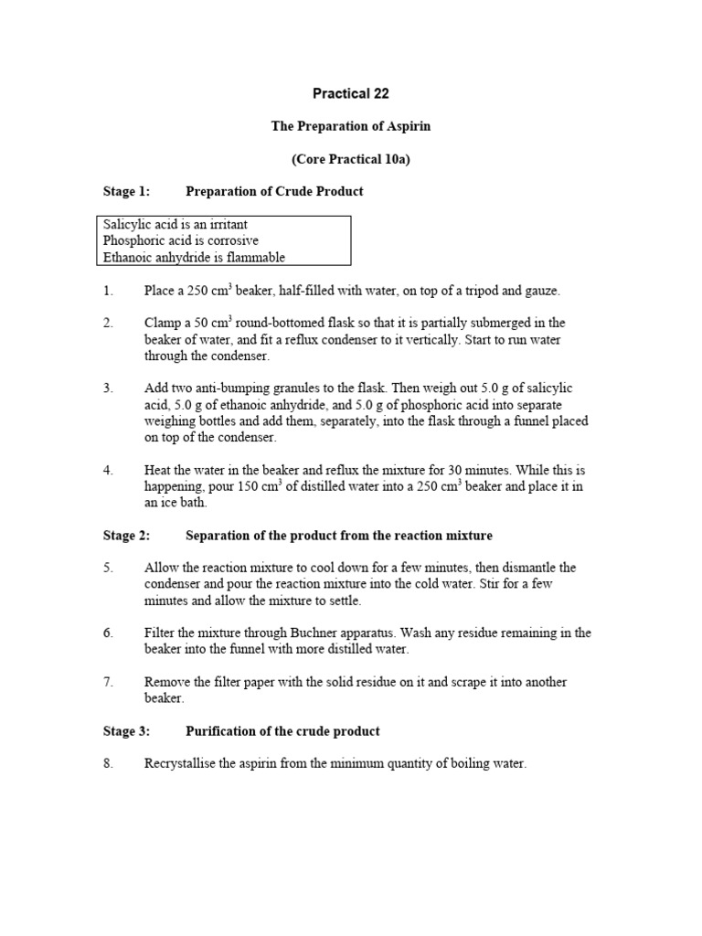 Practical 22 - The Preparation of Aspirin | PDF | Melting Point | Industrial Processes