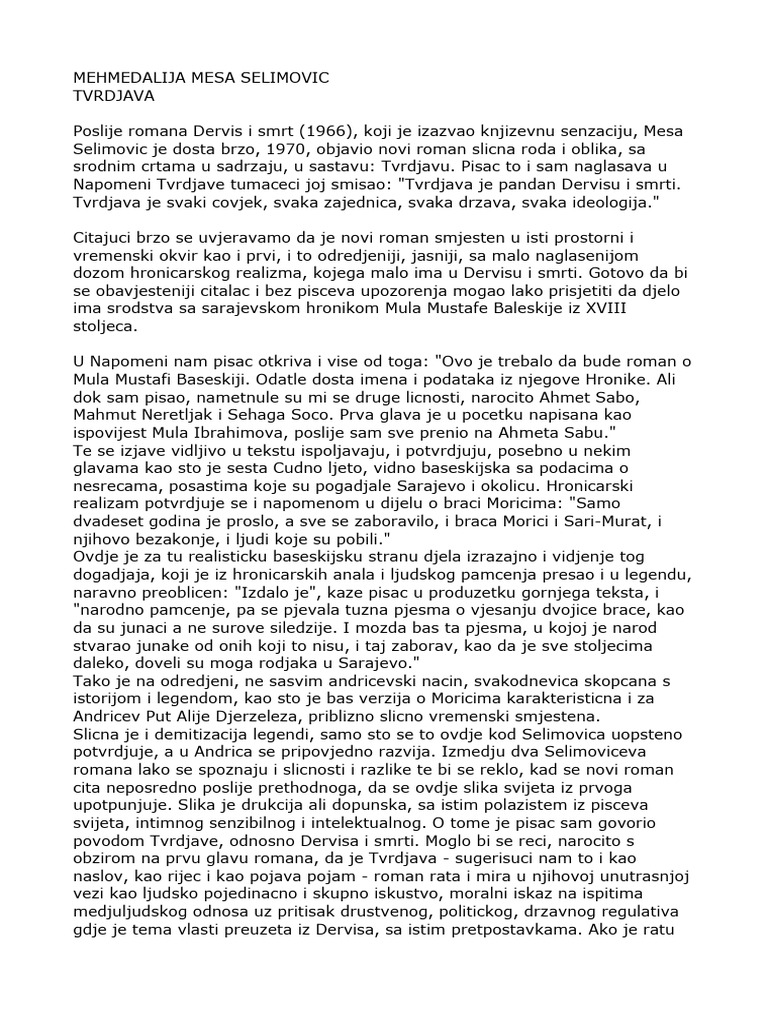 Mesa Selimovic Tvrdjava 1 | PDF