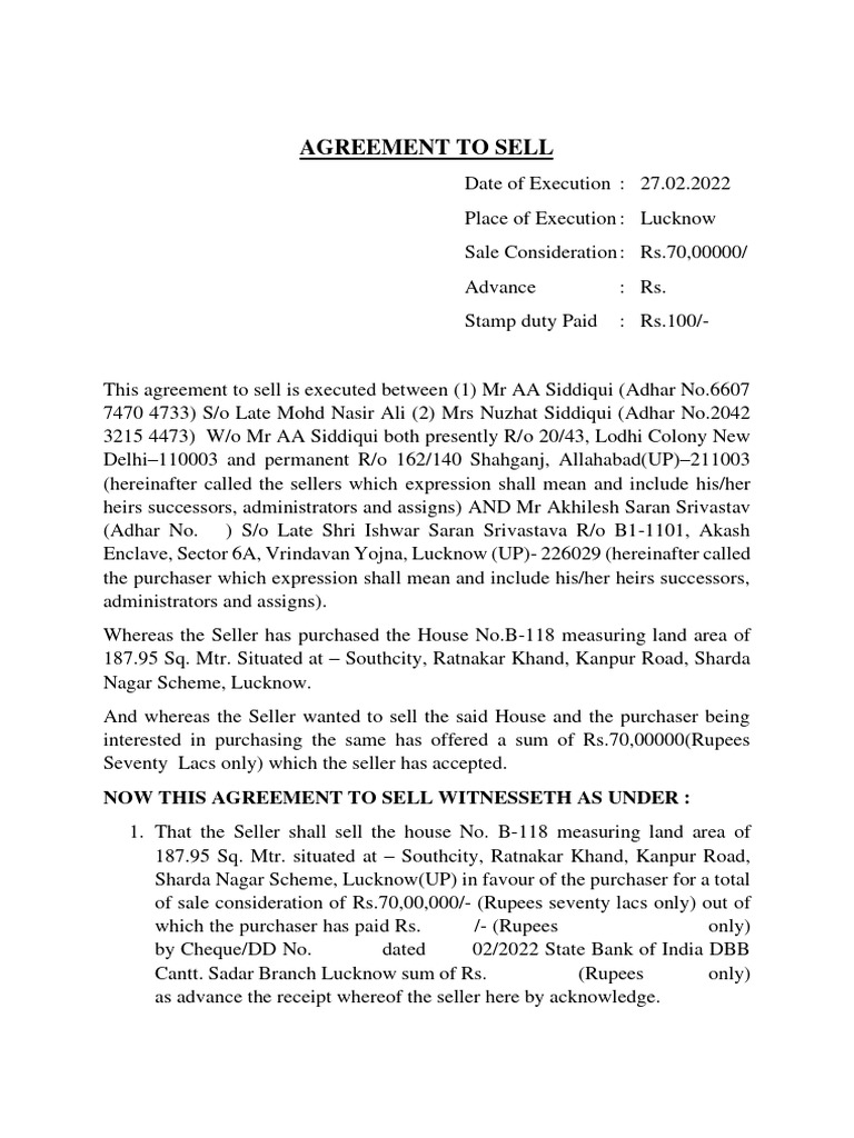 Now This Agreement To Sell Witnesseth As Under | PDF | Deed | Money