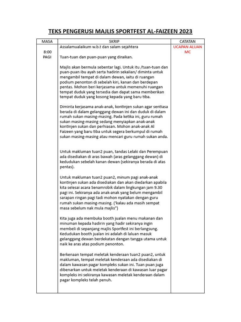 Teks Pengerusi Majlis Sportfest Al-Faizeen 2023 | PDF