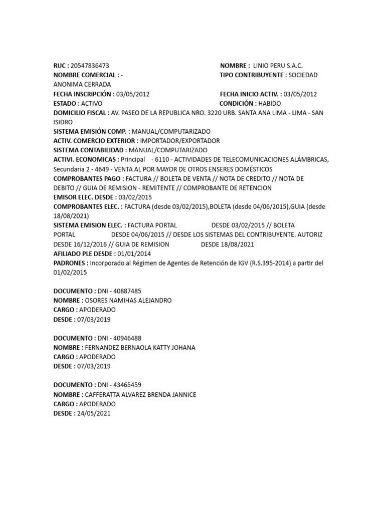 Información Corporativa de Linio Perú | PDF