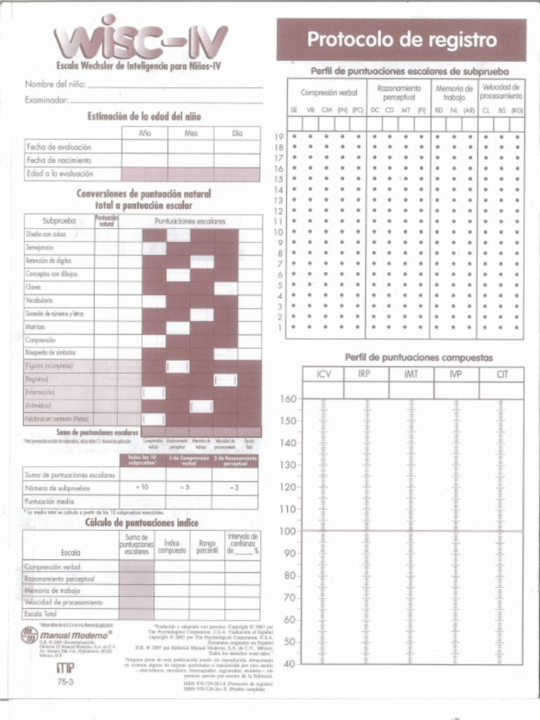 WISC-IV Protocolo de Registro (Manual Moderno) | PDF