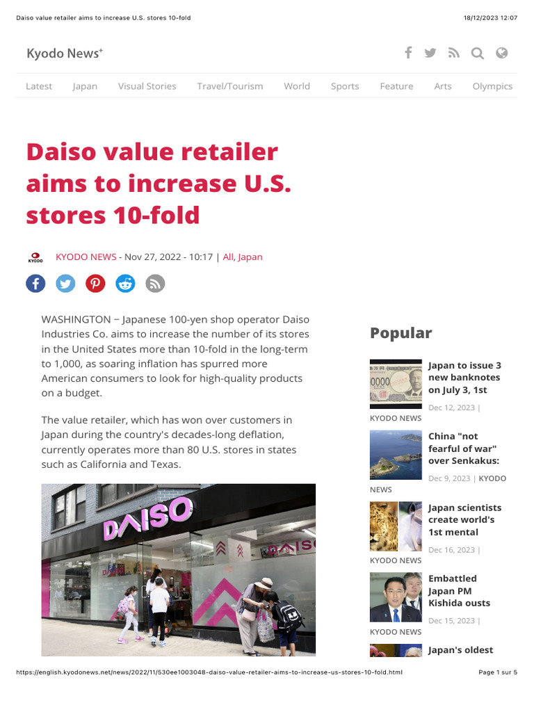 Daiso Value Retailer Aims To Increase U.S. Stores 10-Fold | PDF | Retail | Economies