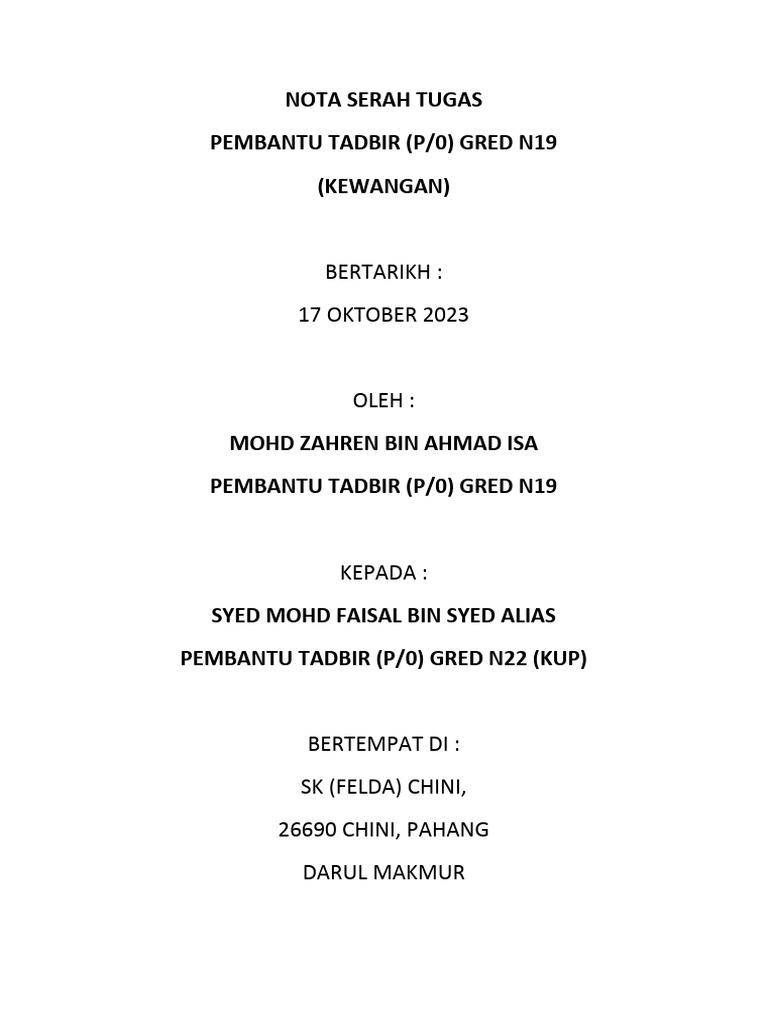 Contoh Nota Serah Tugas Ptpo | PDF