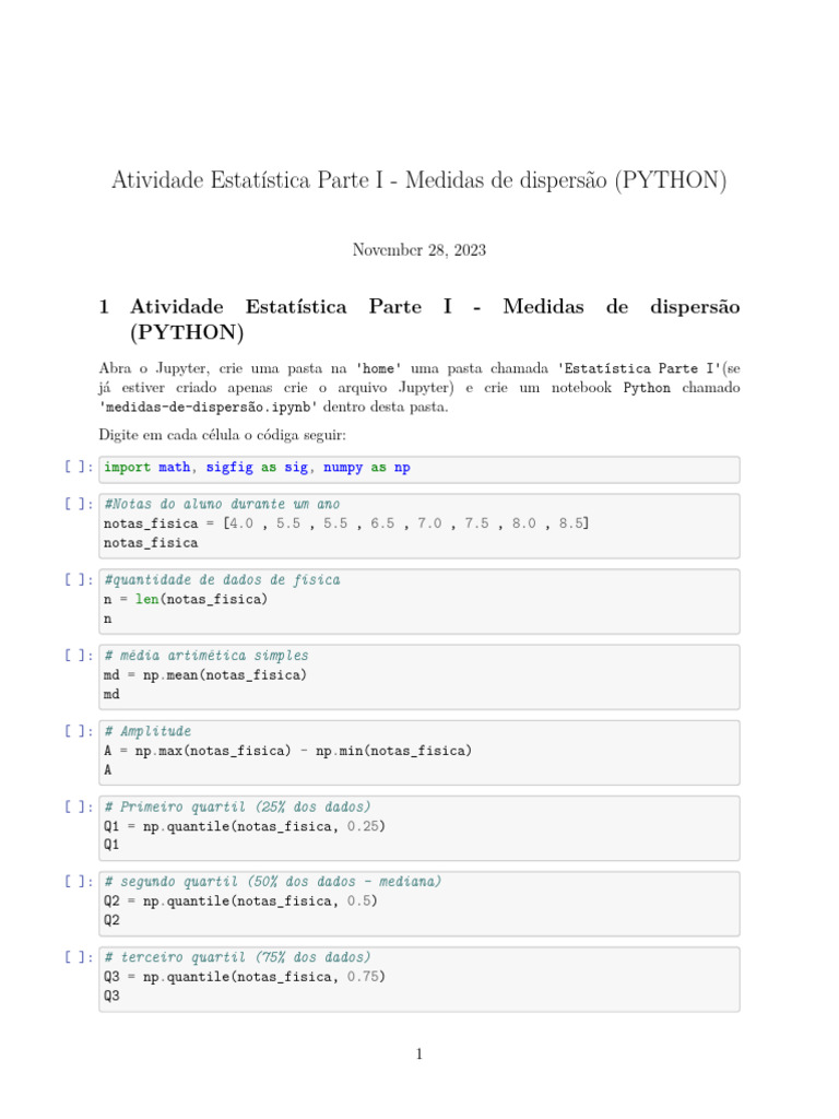 Atividade Estatística Parte I - Medidas de dispersão (PYTHON) | PDF