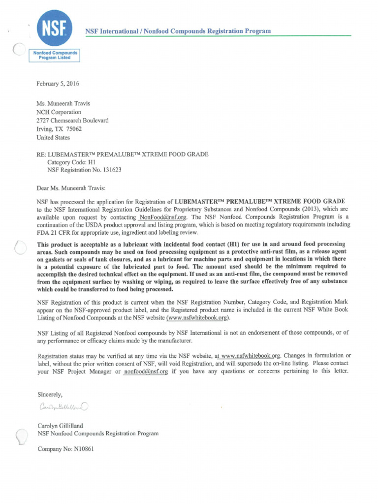 NSF Certificate Premalube | PDF