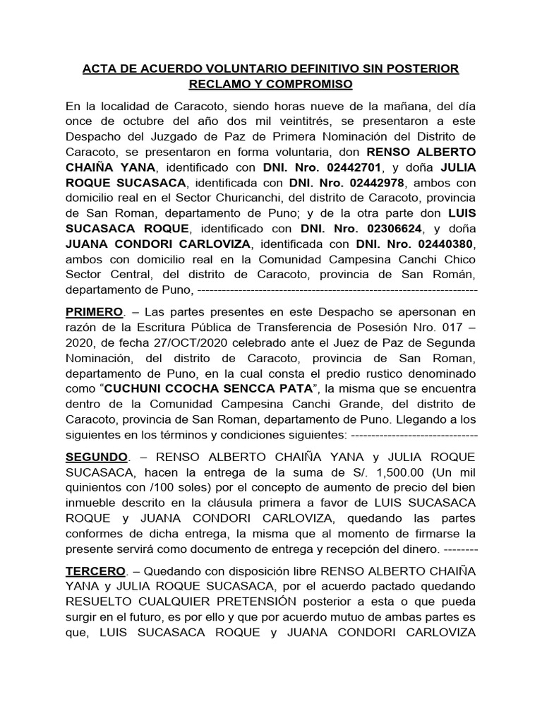 Acta de Acuerdo Voluntario Definitivo Sin Posterior Reclamo y Compromiso | PDF