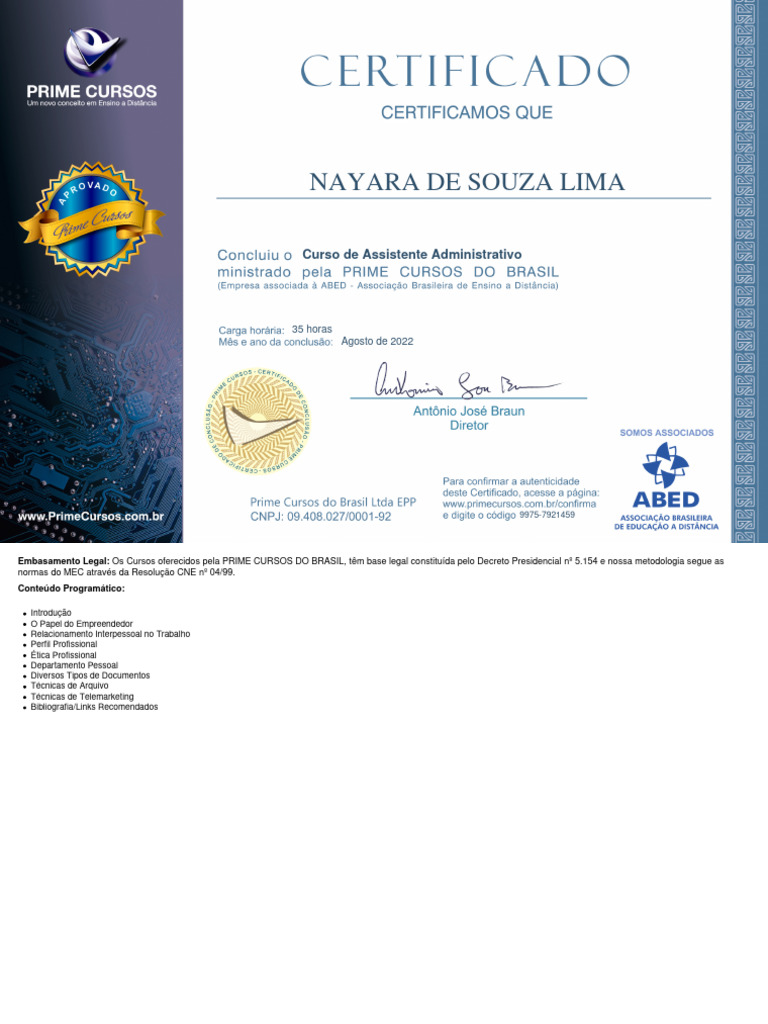 Certificado ASSISTENTE ADMINISTRATIVO | PDF