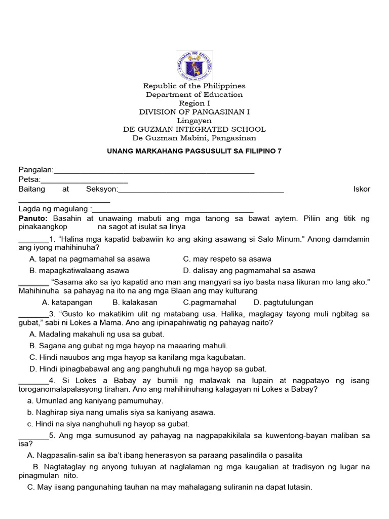 Filipino 7 q1 Periodic Exam Blooms Taxonomy With Answer Key | PDF