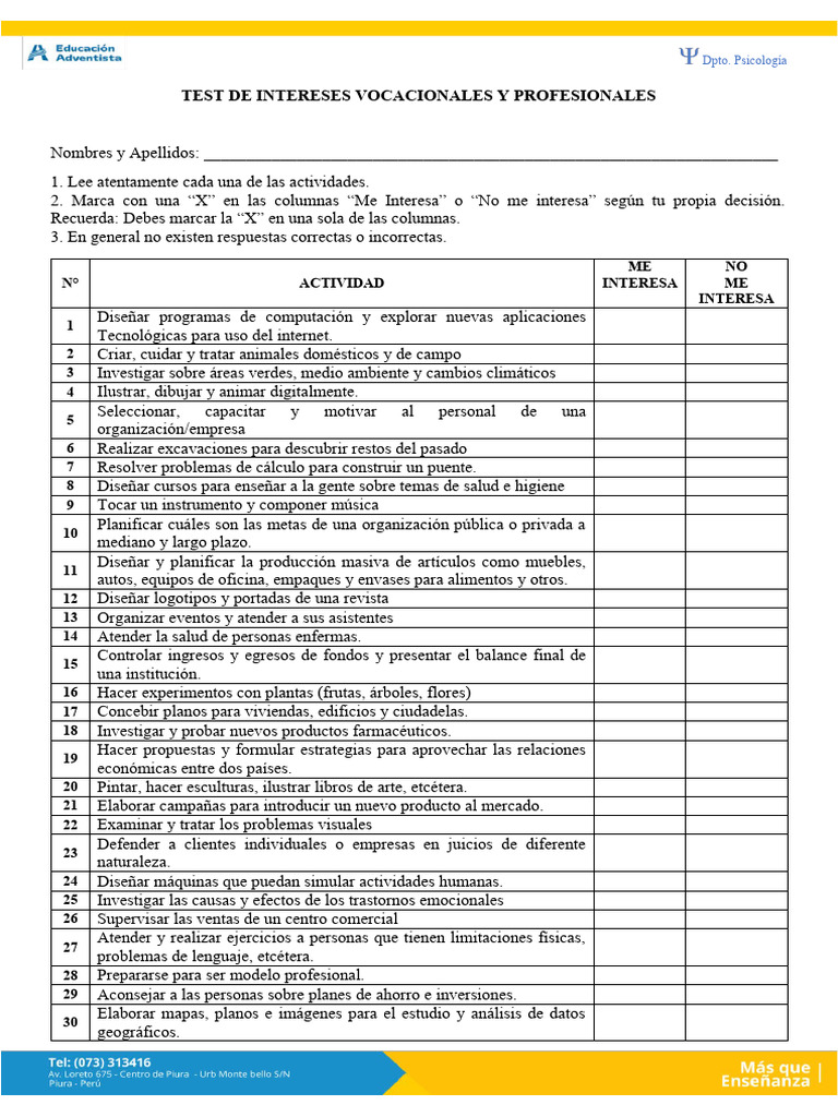 Test de Intereses Vocacionales PDF | PDF | Business | Sicología
