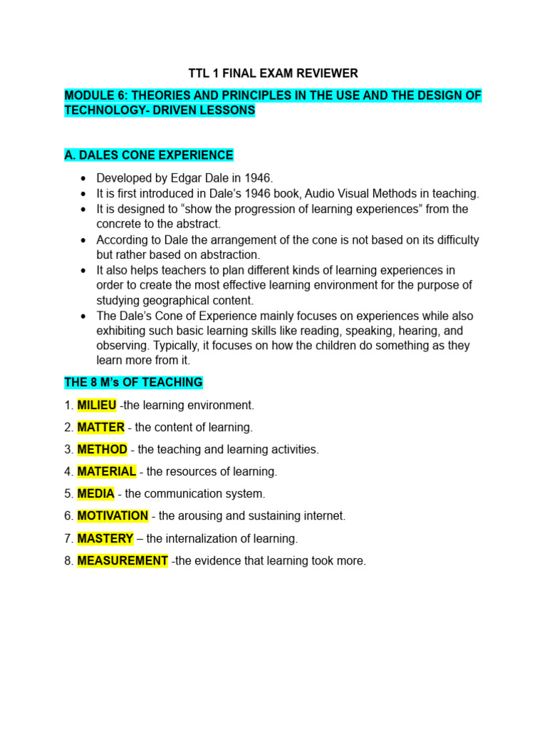 TTL 1 Final Exam Reviewer Guide | PDF | Pedagogy | Educational Assessment