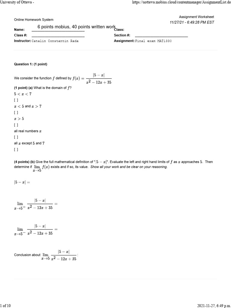 Sample Final 2020 | PDF | Integral | Function (Mathematics)