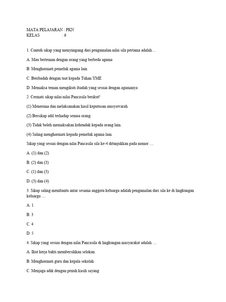 Soal Pas PKN Kelas 6 Sesi 1 | PDF