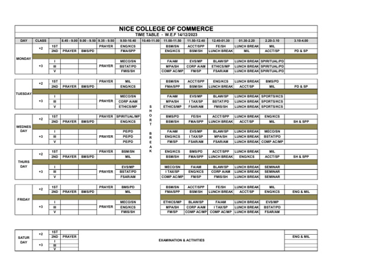Nice College Class Timetable 2023 | PDF