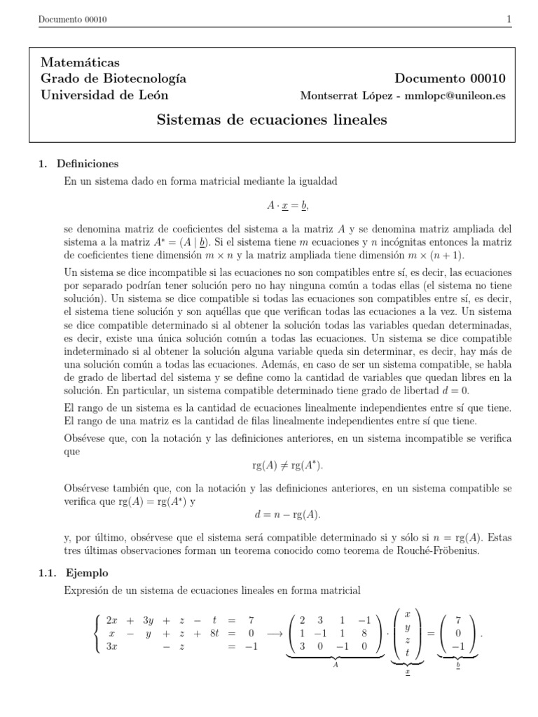 Sistemas de Ecuaciones Lineales. | PDF | Ecuaciones | Matriz (Matemáticas)