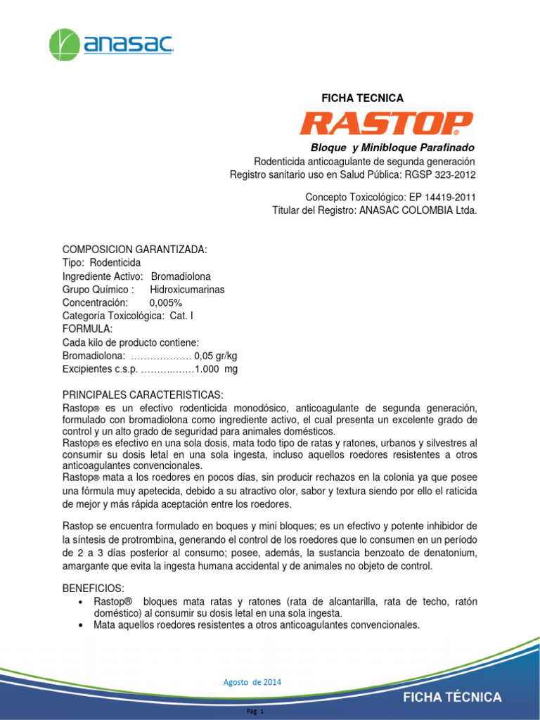 Ficha Tecnica Rastop Bloques 8-14 | PDF | Alimentos | Toxicología