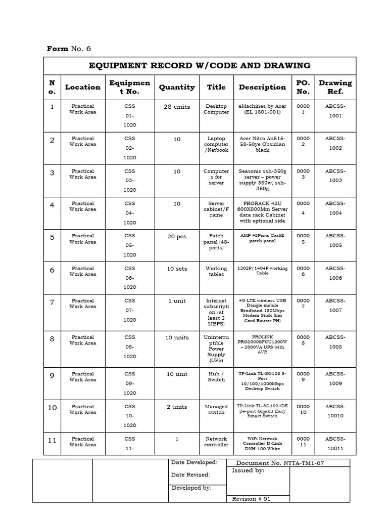 For Check (Equipment Record With Code and Drawing Print | Download Free ...