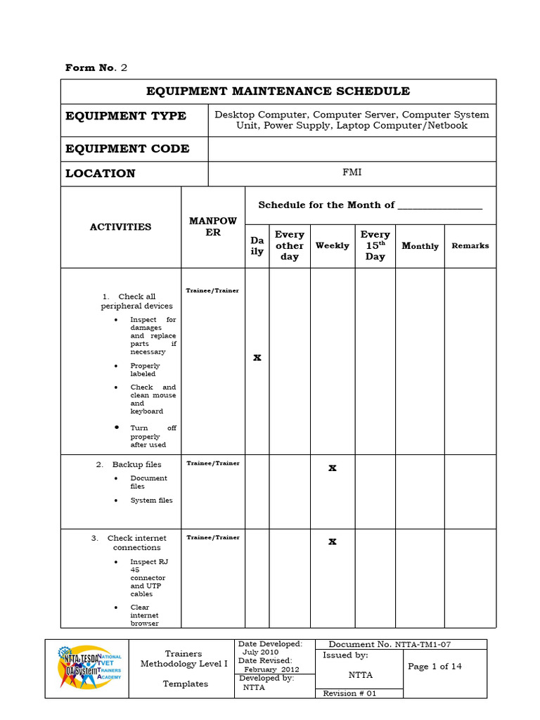 Equipment Maintenance Schedule (For Check) | PDF | Computer Virus ...