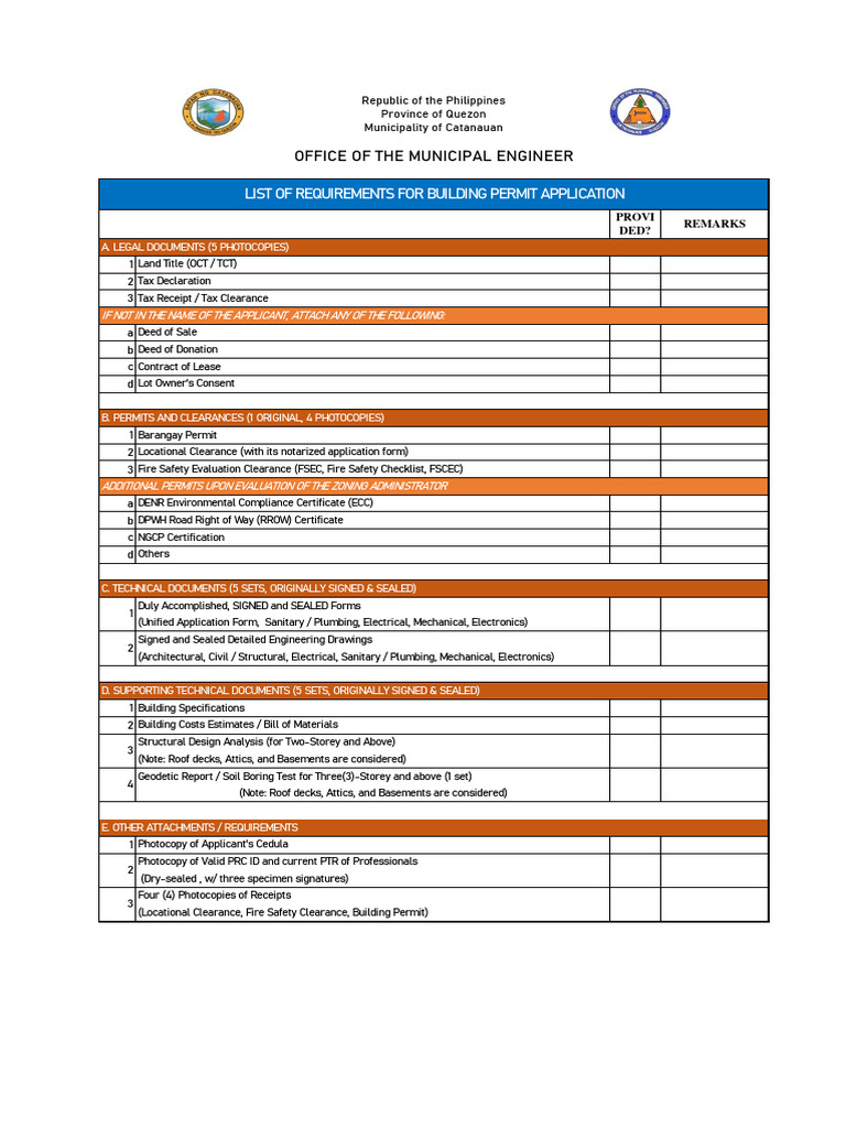 List of Requirements For Building Permit Application: Office of The ...