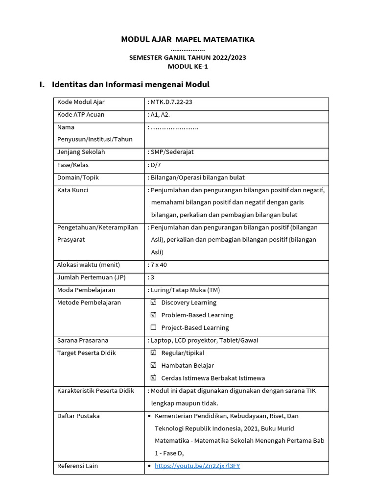 Modul Ajar Matematika 1 Bilangan Bulat | PDF