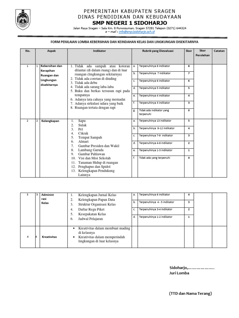 Kriteria Penilaian Lomba Kebersihan Kelas Dan Lingkungan Disekitarnya | PDF Kriteria Penilaian Lomba Kebersihan Kelas Dan Lingkungan Disekitarnya | PDF