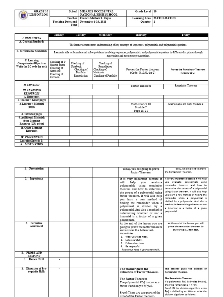 Math10 Q2 Nov 6 10 | PDF | Factorization | Polynomial