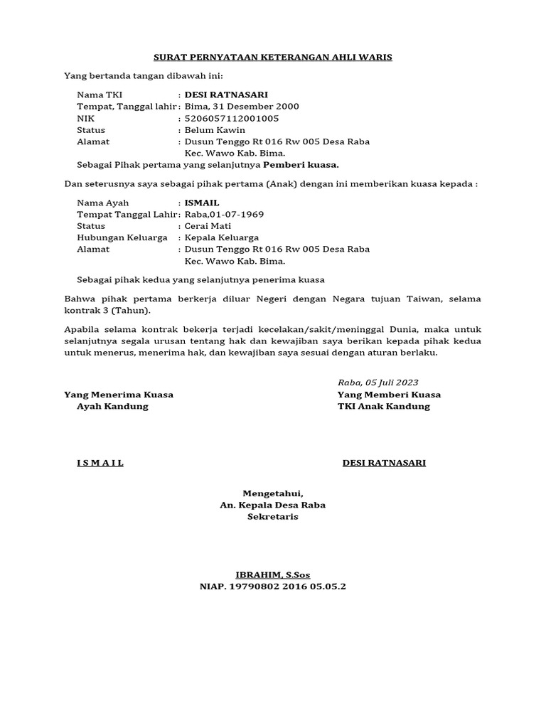 Surat Pernyataan Keterangan Ahli Waris Nia Tenggo | PDF