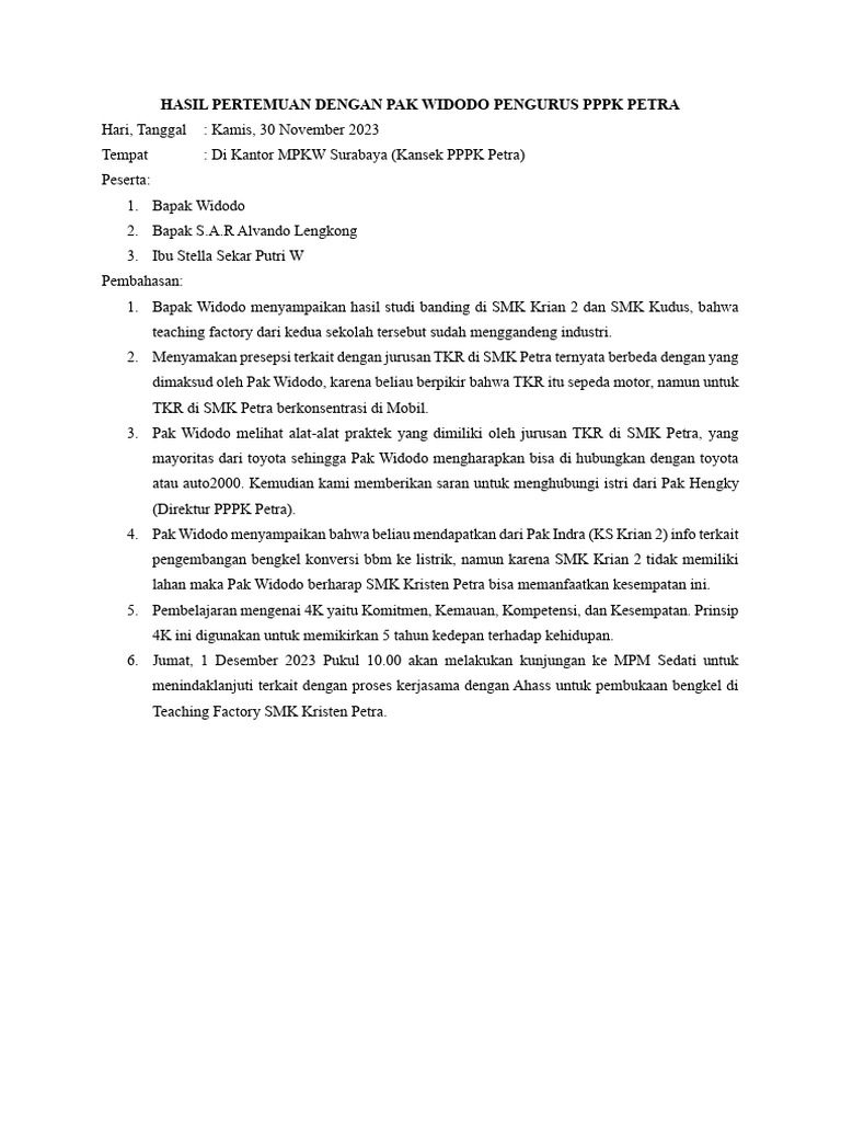 Hasil Pertemuan Dengan Pak Widodo Pengurus PPPK Petra | PDF