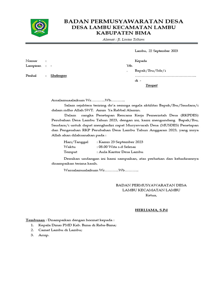 Undangan Musdes Perubahan RKPDes | PDF