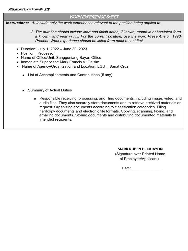 CS Form No. 212 Attachment - Work Experience Sheet | PDF