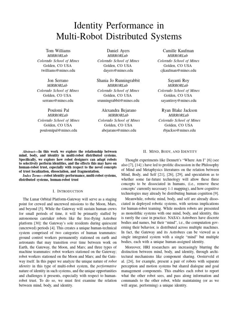 Identity Performance in Multi Robot Distributed Systems | PDF