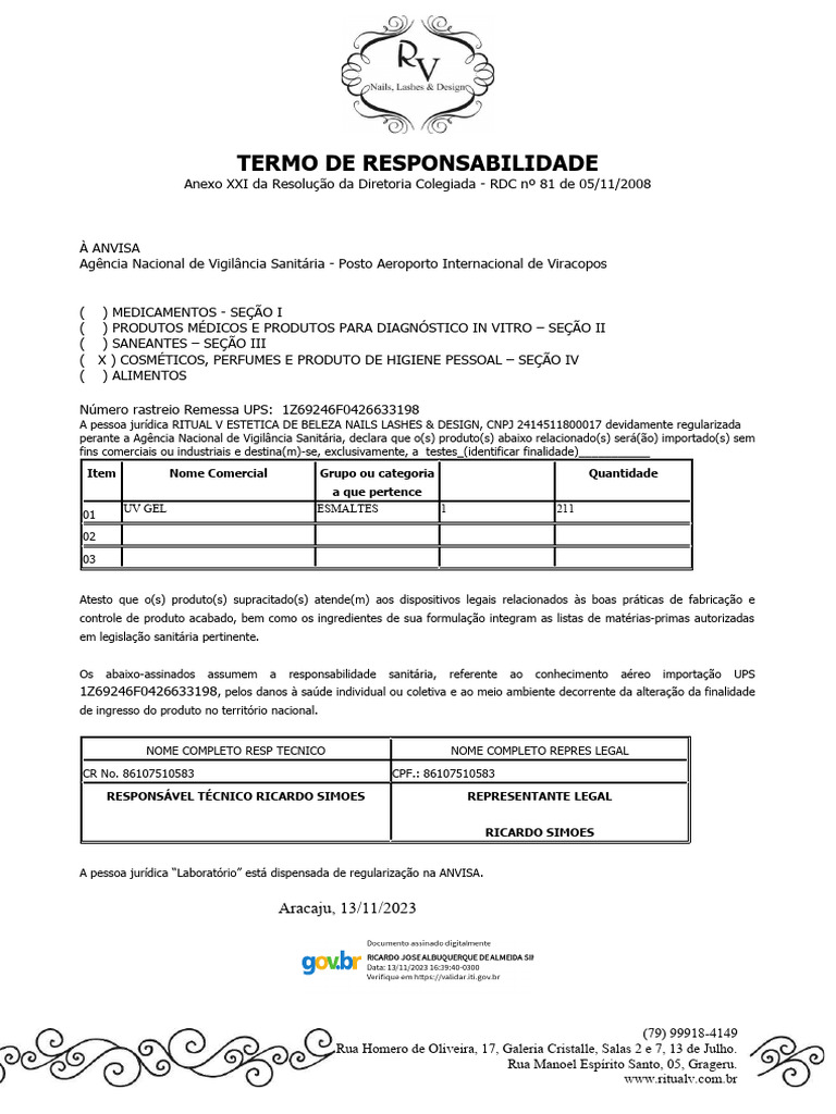 Termo De Responsabilidade Anvisa Papel Timbrado Assinado Pdf