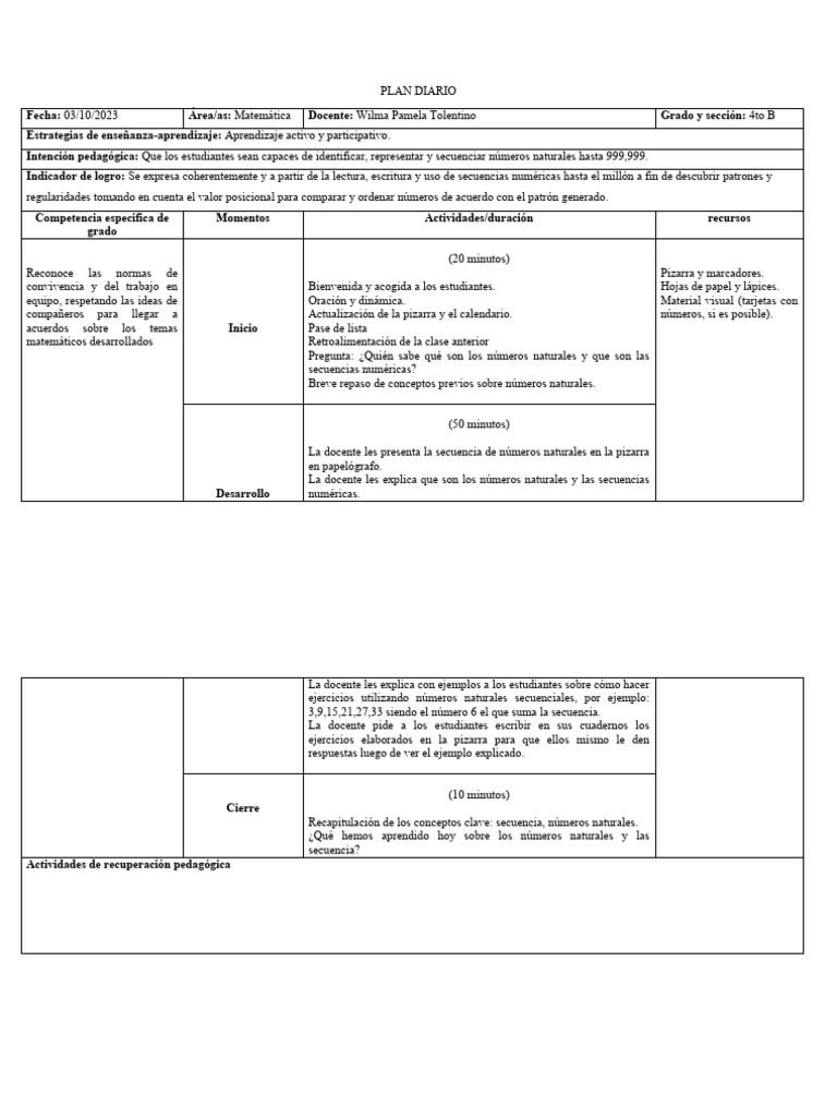 Plan Diario de Matemáticas 4to B | PDF