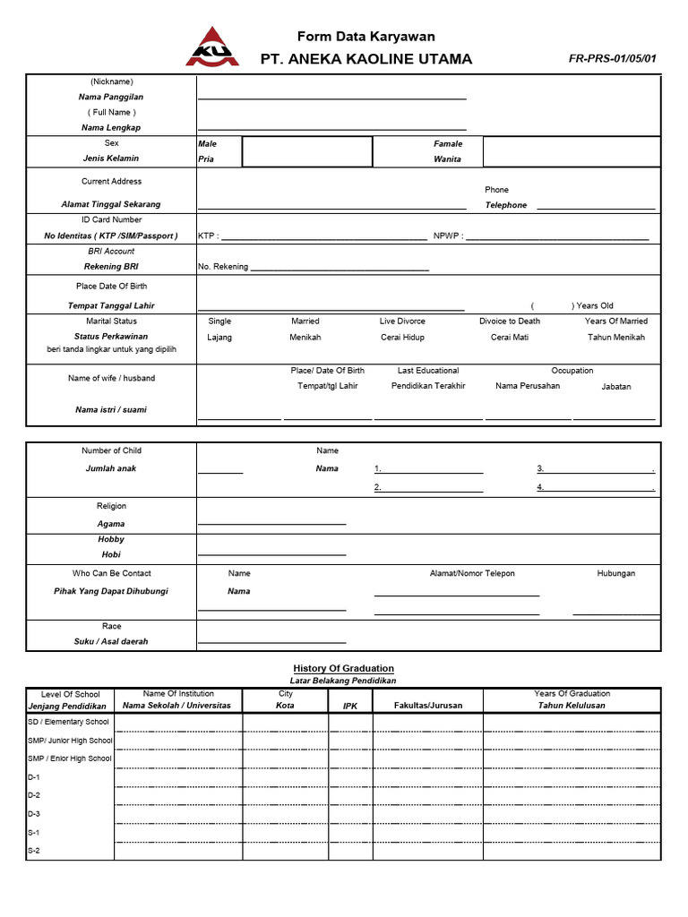 Formulir Data Karyawan Lengkap | PDF