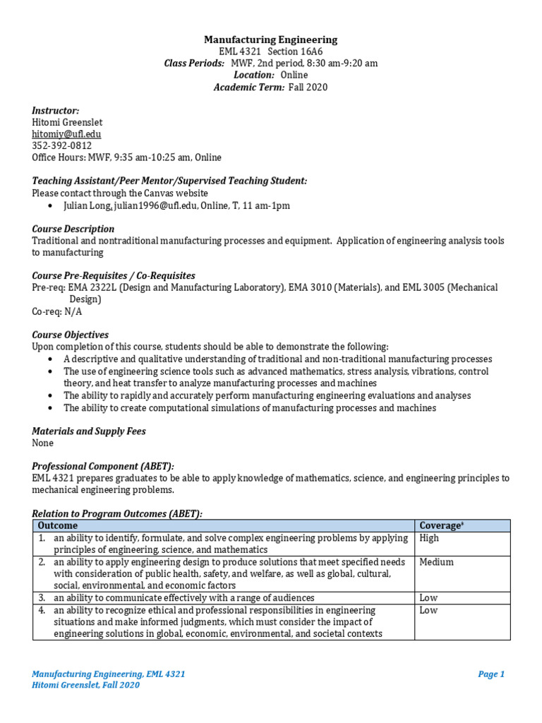 Eml-4321 Fall2020 | PDF | Engineering | Course Evaluation