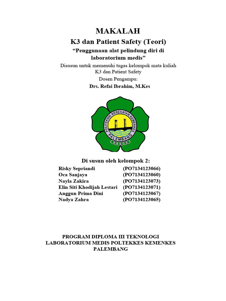 MAKALAH K3 & PATIENT SAFETY Kelompok 2 Kls 1B TEORI | PDF