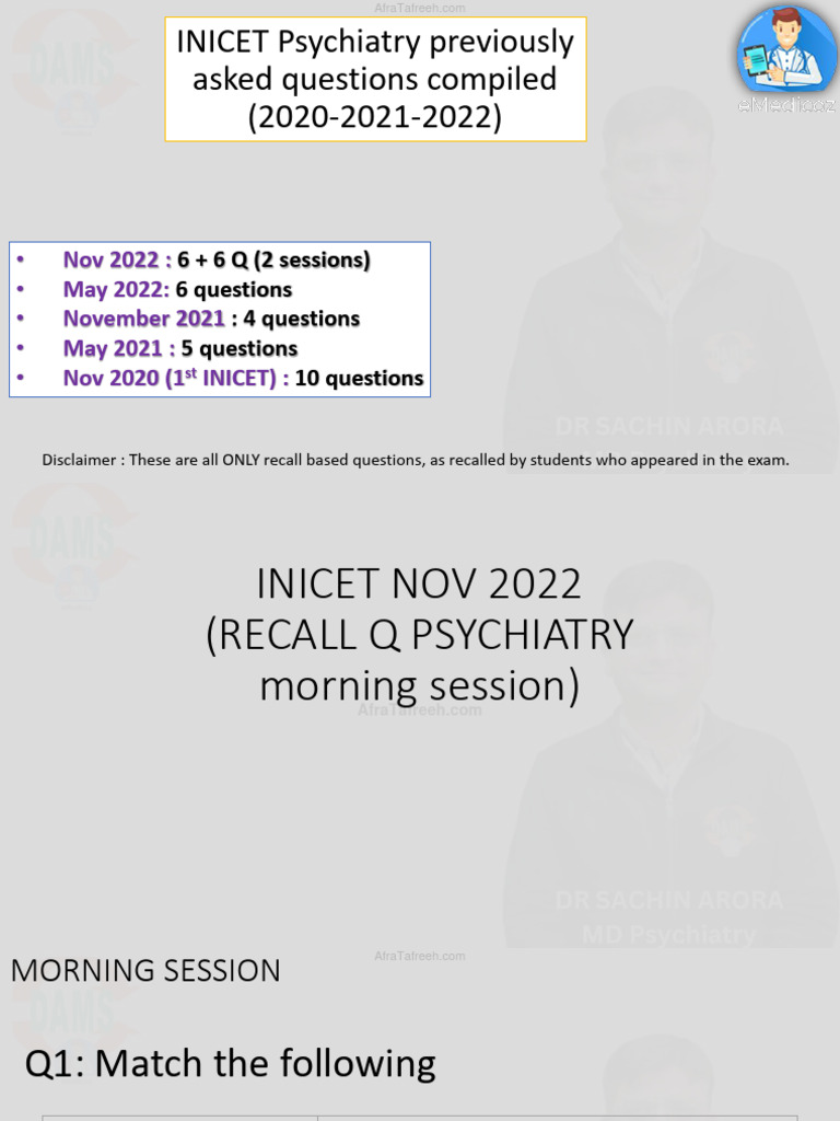 INICET Psychiatry Recall Questions 2022 | PDF | Major Depressive ...