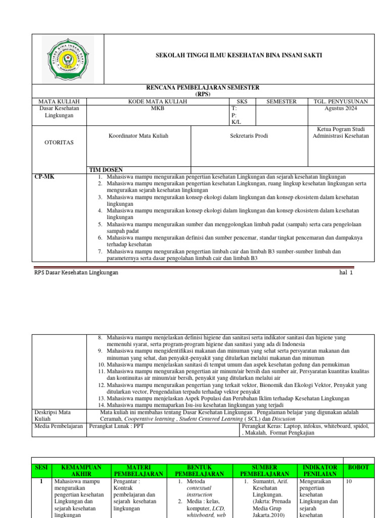 RPS-Dasar-dasar Kesehatan Lingkungan | PDF | Kesehatan Holistik
