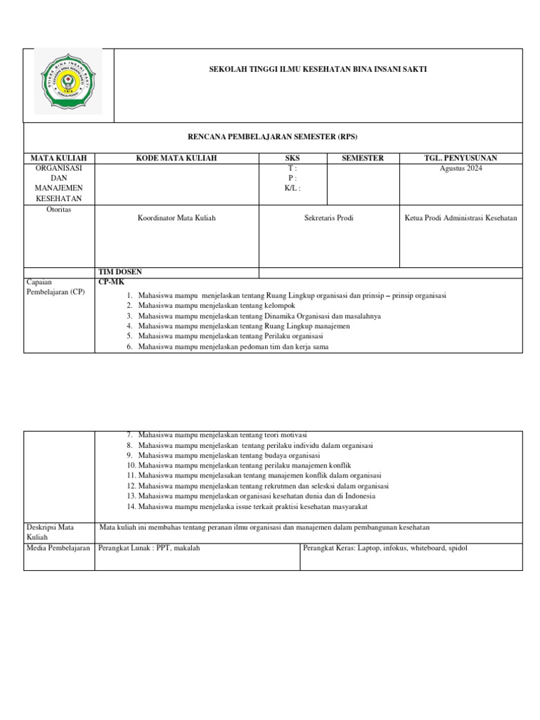 RPS Organisasi Dan Manajemen Kesehatan | PDF | Science & Mathematics